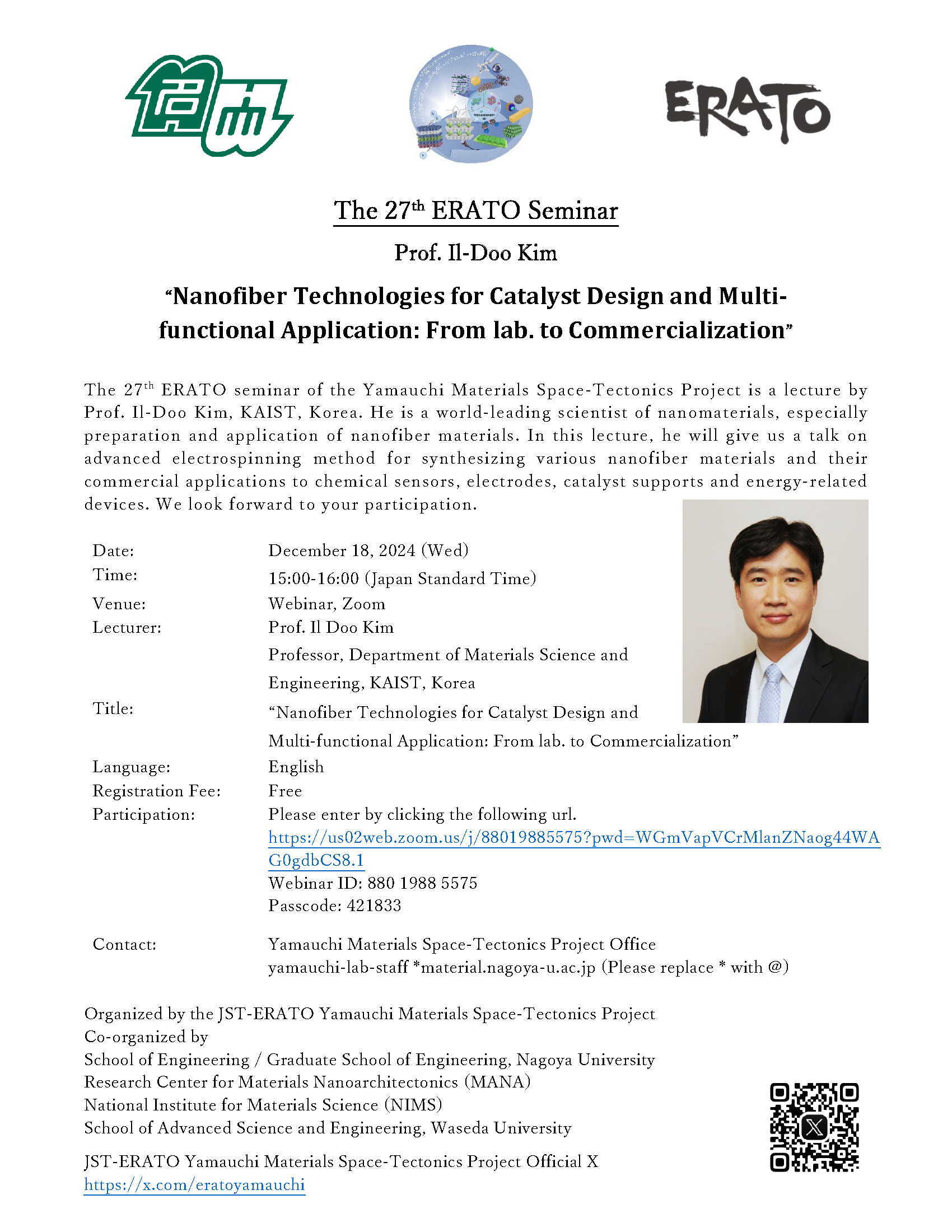 The 27th ERATO Seminar: Prof. Il-Doo Kim, “Nanofiber Technologies for ...